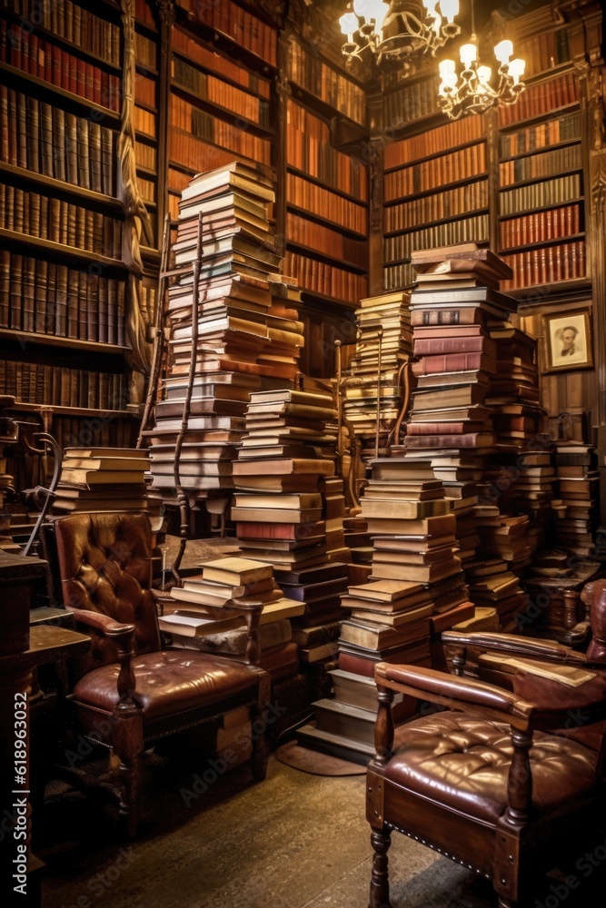law books stacked in a library setting, created with generative ai ...