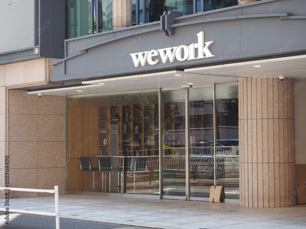 TOKYO, JAPAN - June 17, 2023: Front of a WeWork shared office facility ...
