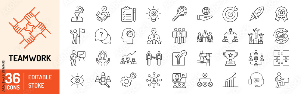 Teamwork editable stroke outline icons set. Business team, management ...