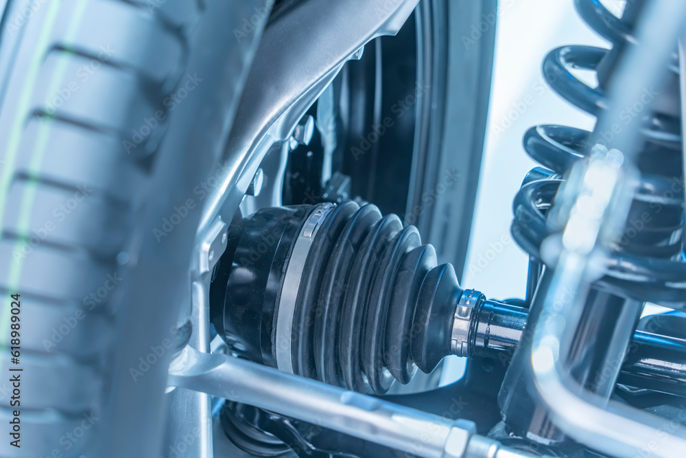 electric system of eco car front driving axle in the car, visible ...