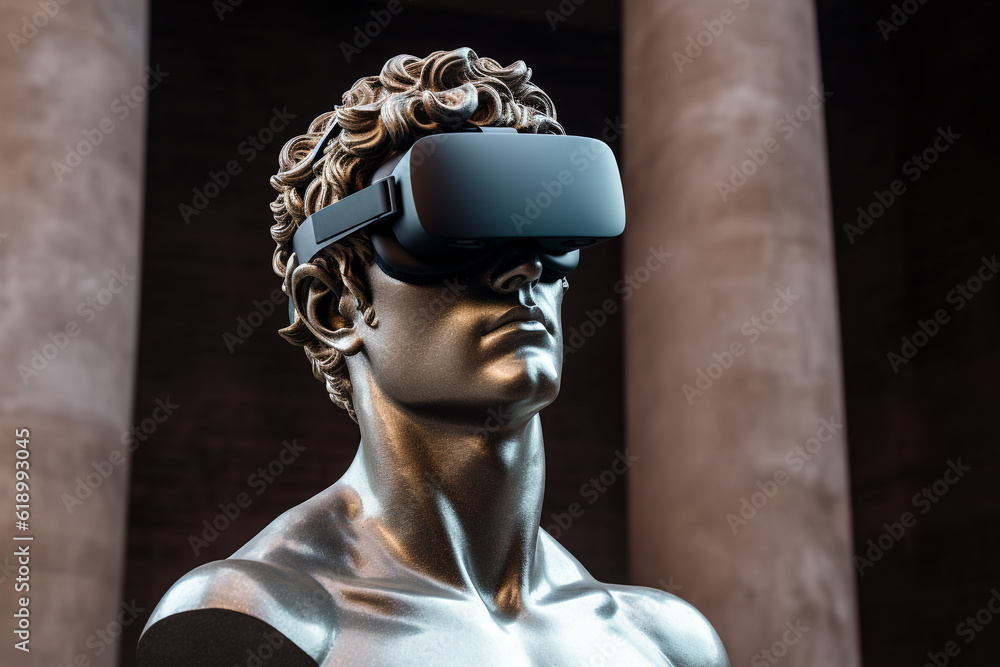 Technology, history and fine-art concept. Roman man sculpture wearing ...