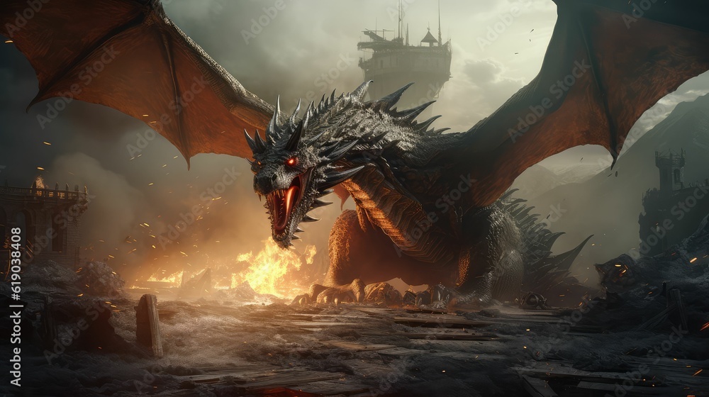 Fantasy black winged dragon and legion of knights, fire breathing ...