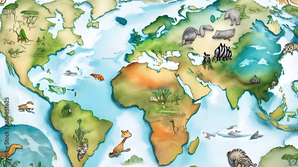 Animals World Map Kids Wallpaper: Explore the Enchanting Watercolor ...