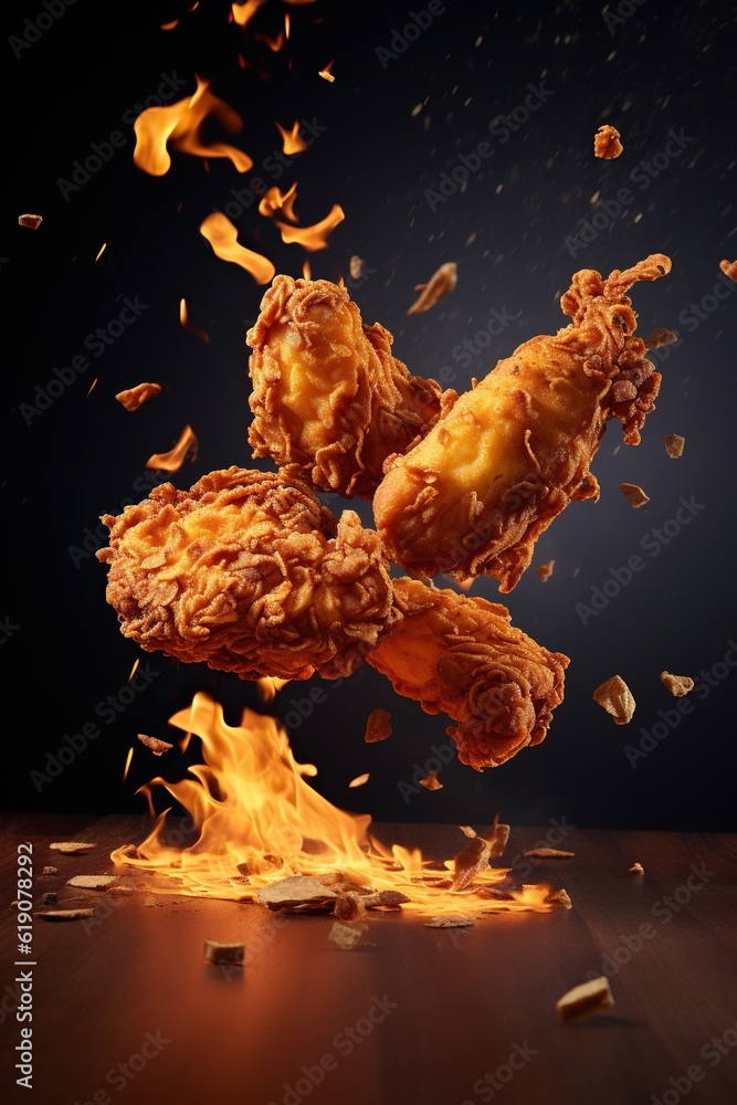 flying fried chicken plain background Stock Photo | Adobe Stock