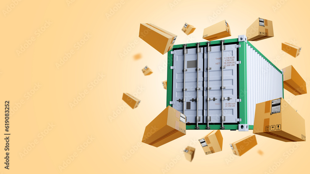 Cargo shipping container. Flying cardboard boxes. Closed twenty-foot ...