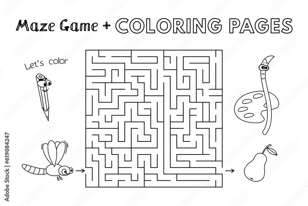 Cartoon dragonfly maze game. Vector coloring book pages for children ...