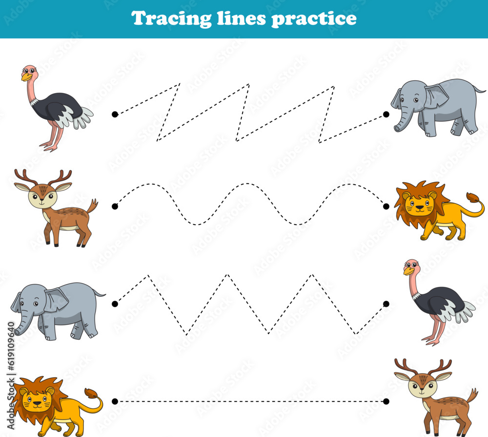 Tracing Lines ostrich deer elephant lion. Educational games. Worksheet ...