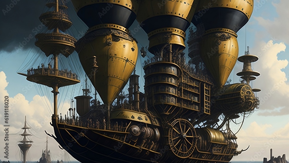 Steampunk Airship Brass Machinery Gears And Cogs Billowing Smokestacks ...