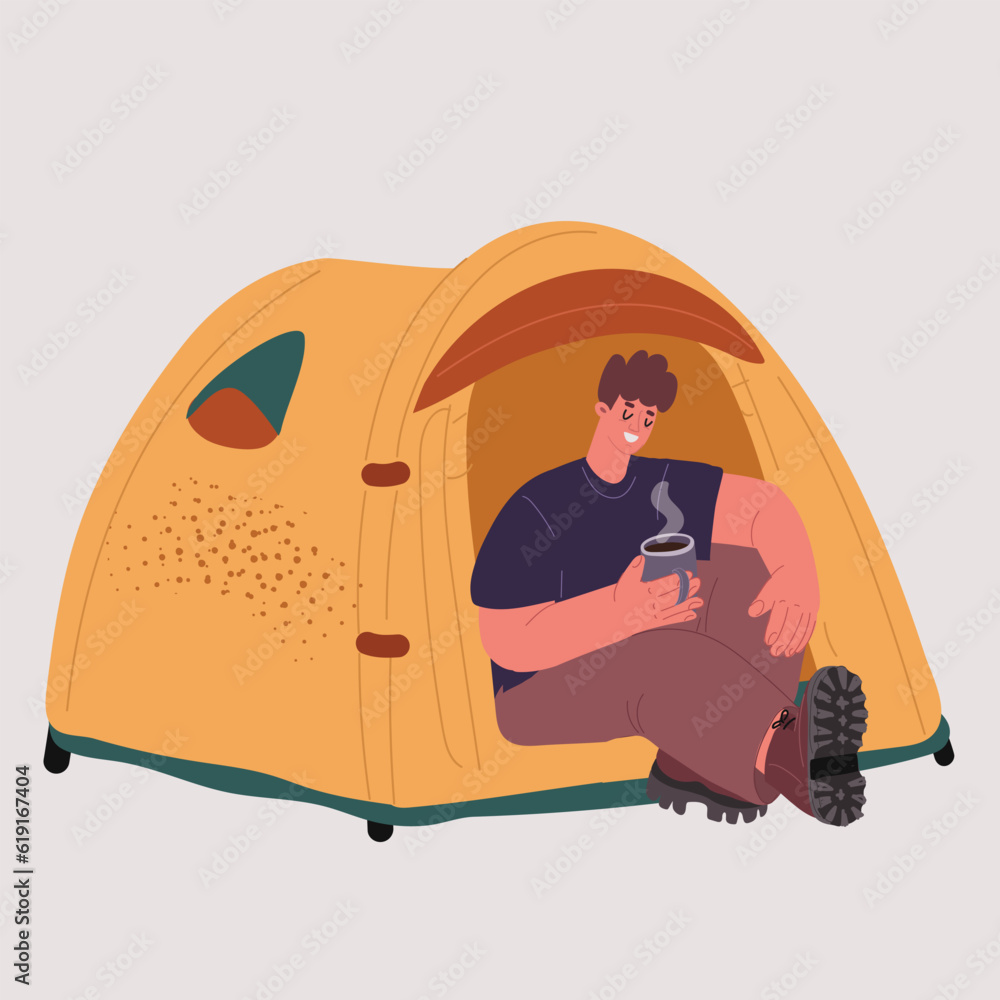Cartoon illustration of Male character in tent drink tea. Hiking in the ...