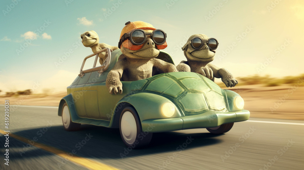 Turtle friends driving with a car. generative Ai. Stock Illustration ...