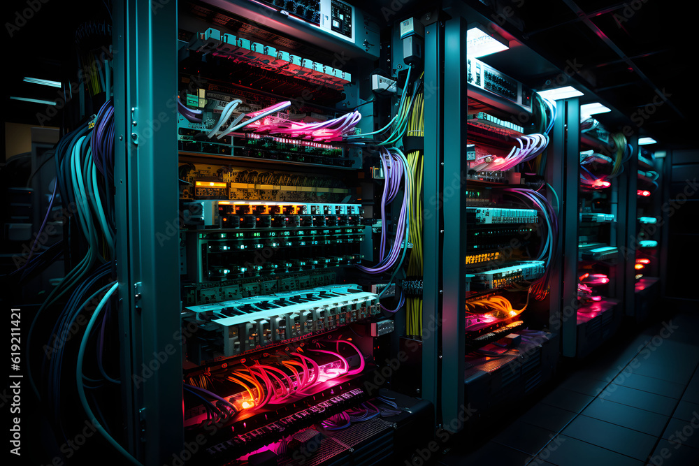 Network LAN internet cables connected in network switches. Server in data center, web hosting ...