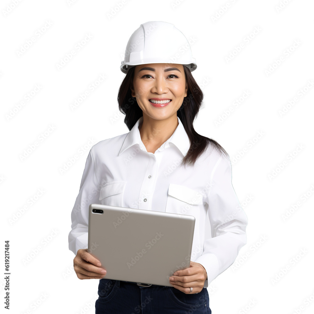 Successful middle aged engineer Asian woman posing with safety helmet ...