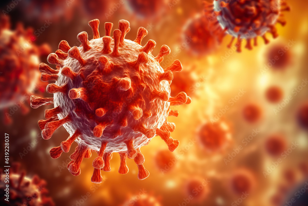 Generative AI illustration of closeup of red viral particle and ...
