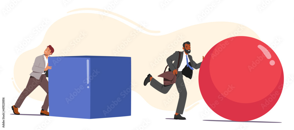 Businessmen Characters Pushing Large Ball And Cube Figures Represent ...