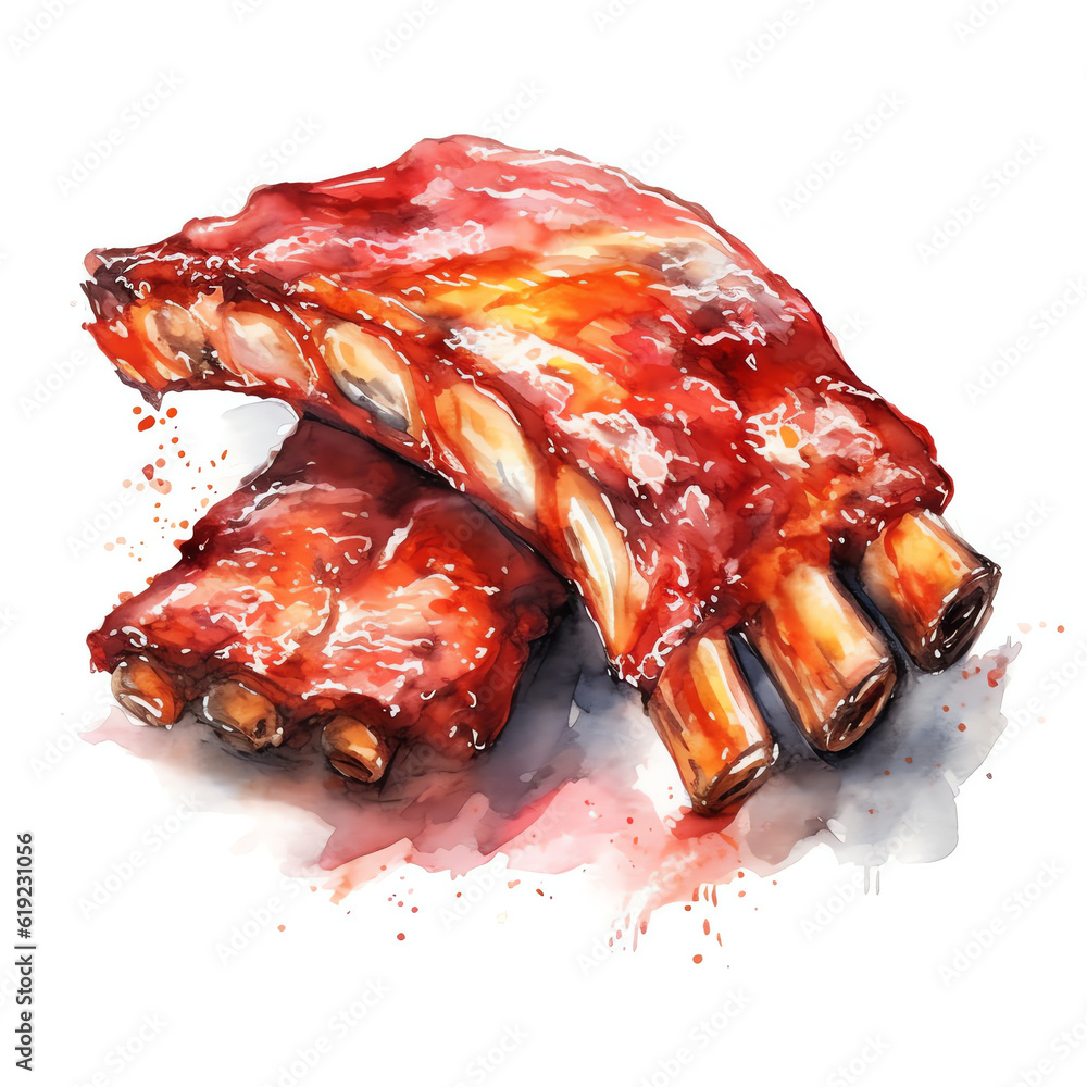 Watercolor Clipart of Juicy BBQ Ribs on White Background" Stock ...