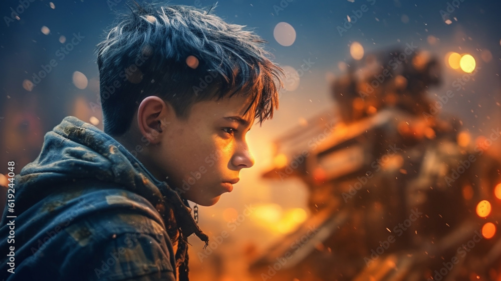 war against machines, teenager boy, in the background a destroyed ...