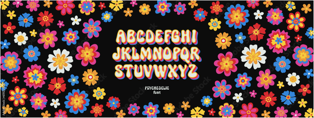Vector groovy psychedelic alphabet. Contemporary psychedelia fun hand ...