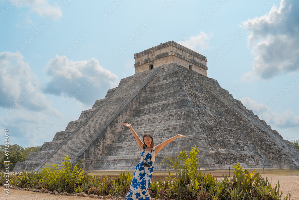 young woman visits one of the most beautiful pyramids in the world, the ...