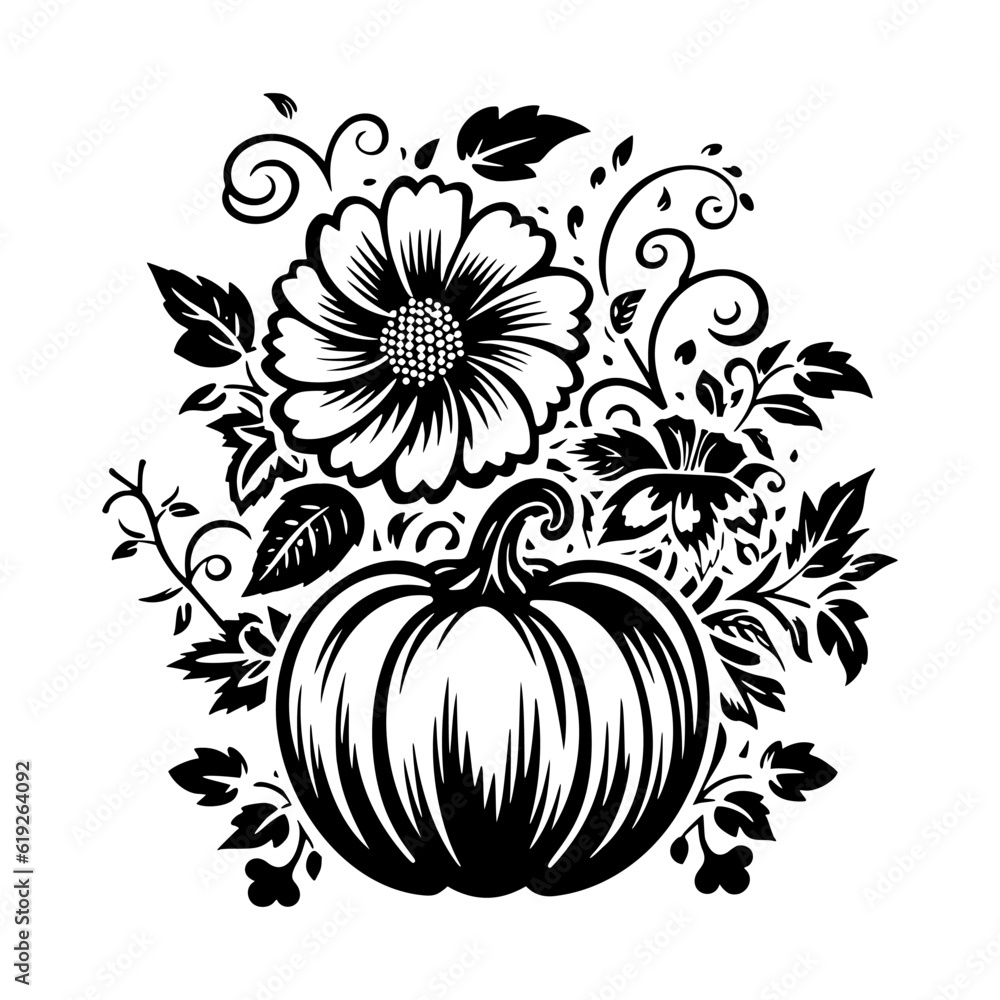 Fall Pumpkin Silhouette. Thanksgiving vegetable line art. Hand drawn ...