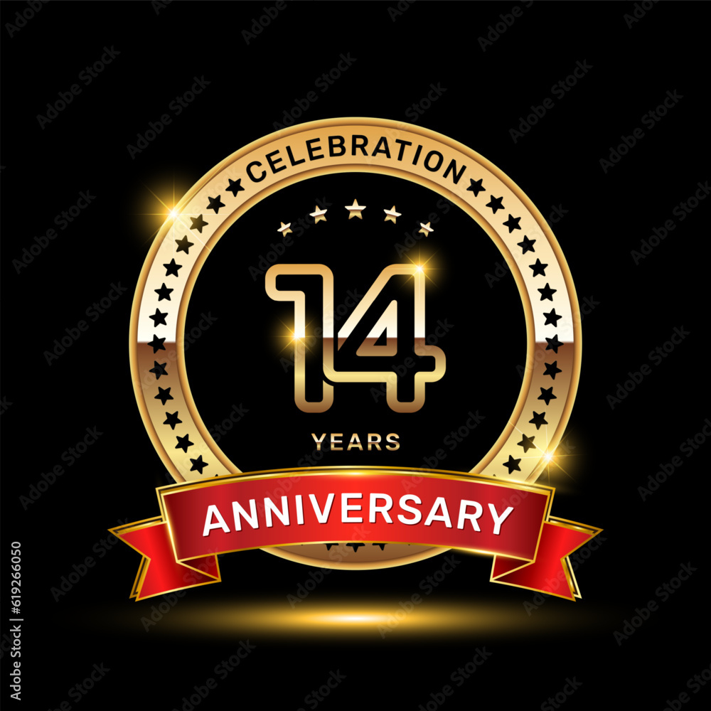 14th anniversary celebration logo design with golden color emblem style ...