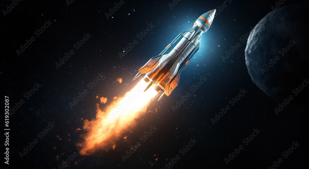 Rocket launch and schedule are growing. Low poly style. Abstract neon ...