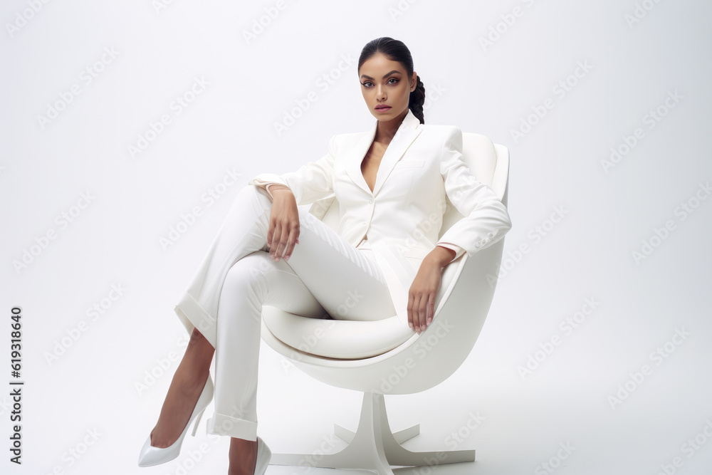 Generative AI - Avant-garde: A woman sitting provocatively in a white ...