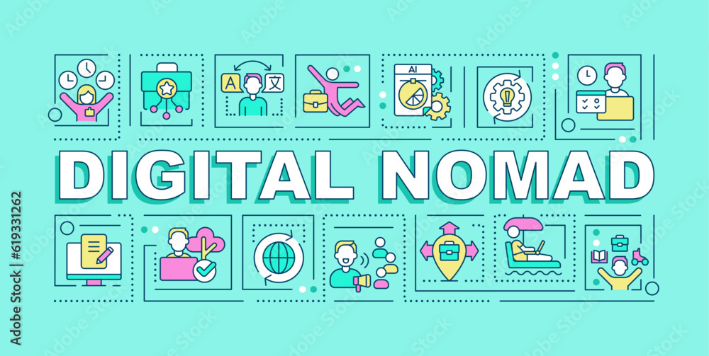 Digital nomad word concepts light blue banner. Remote work ...