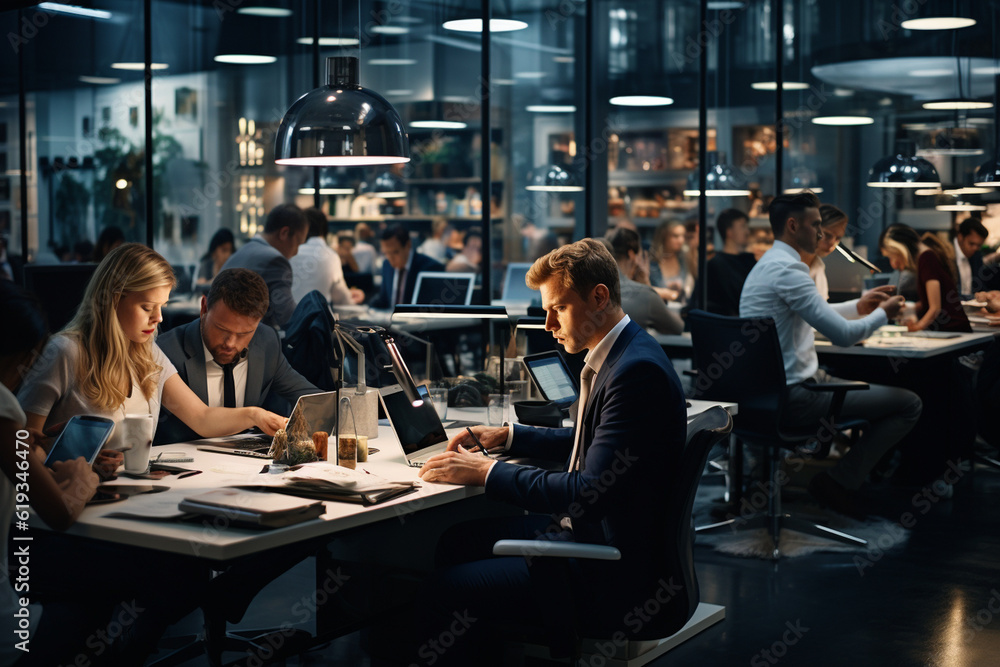 a busy office scene with people engaged in meetings, typing on ...