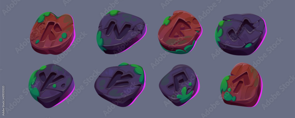 Viking stone rune alphabet for ui game cartoon vector set isolated on ...