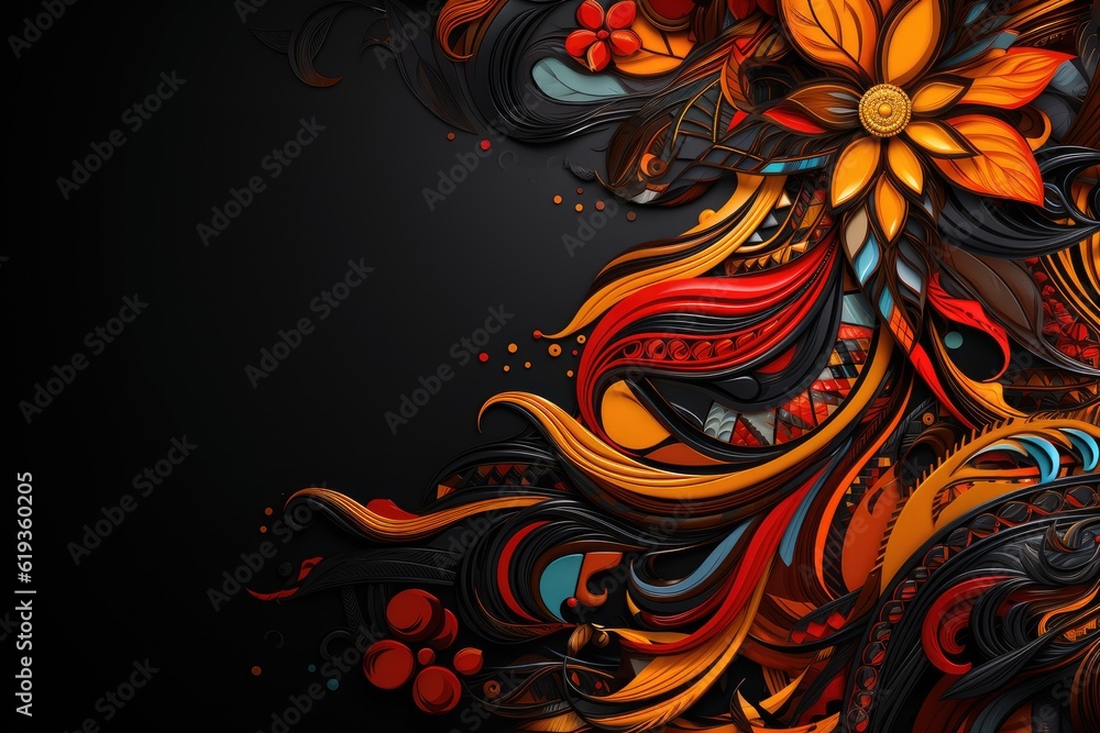 African etnic tribal floral pattern drawing on black background ...