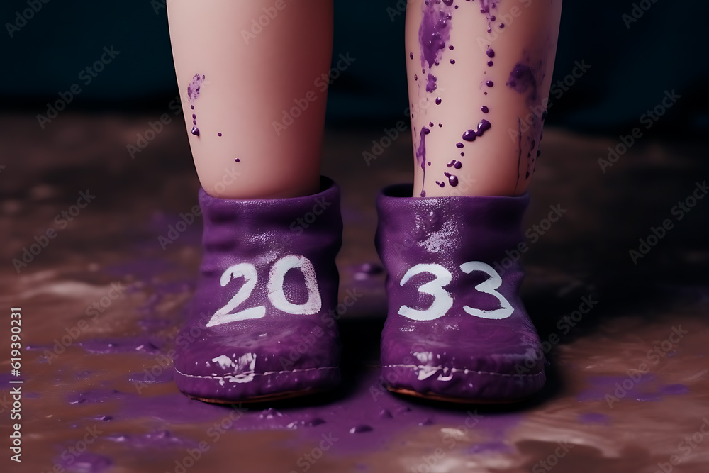Numbers and date on children's legs painted with purple pants, the ...
