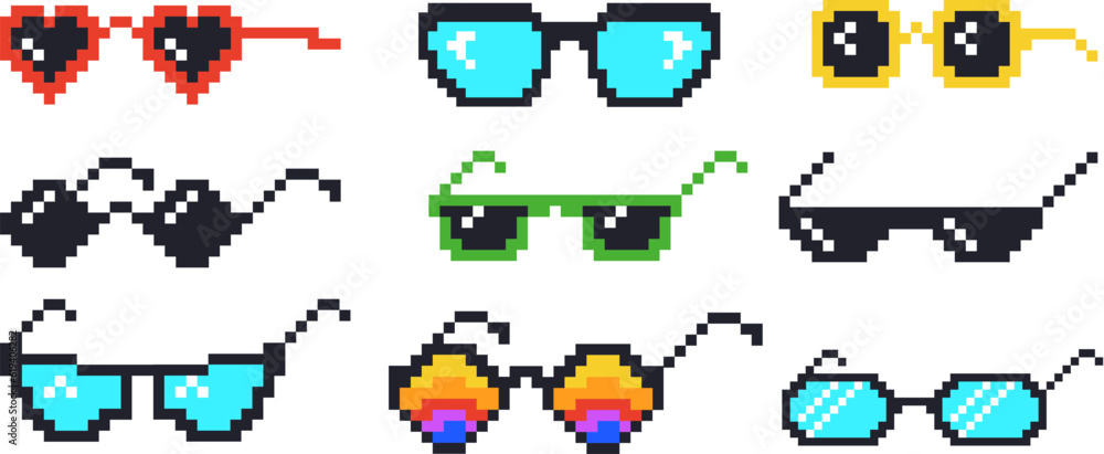 Pixel glasses. Cartoon 8 bit sunglasses, thug life mafia meme prank ...
