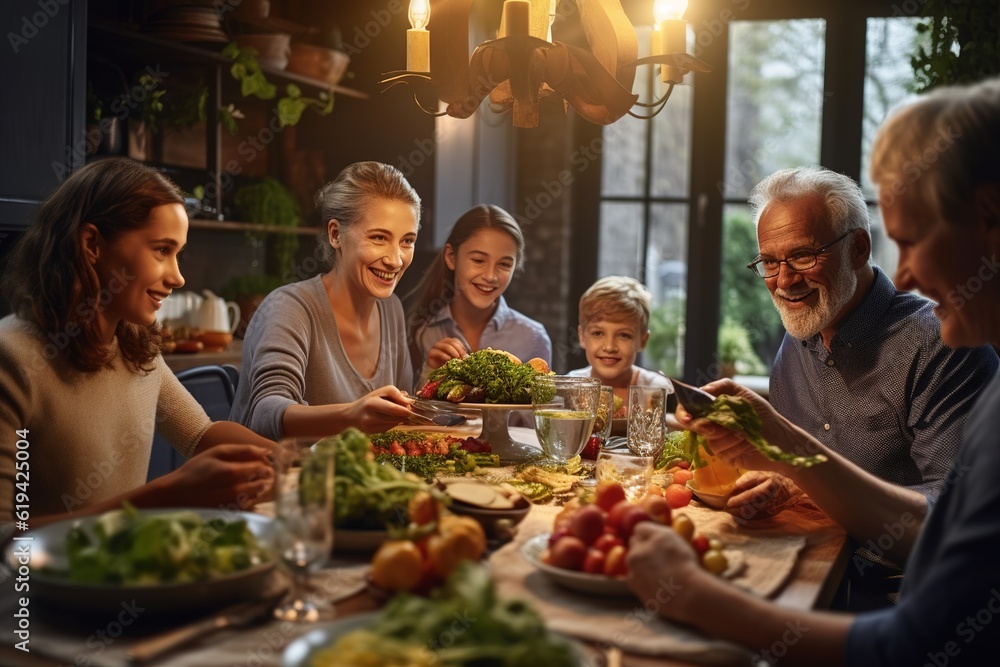 Happy multi-generation family gathering around dining table and having ...