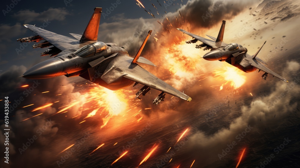 Battle for Sky Supremacy: Two Fighter Jets in Aerial Combat with ...
