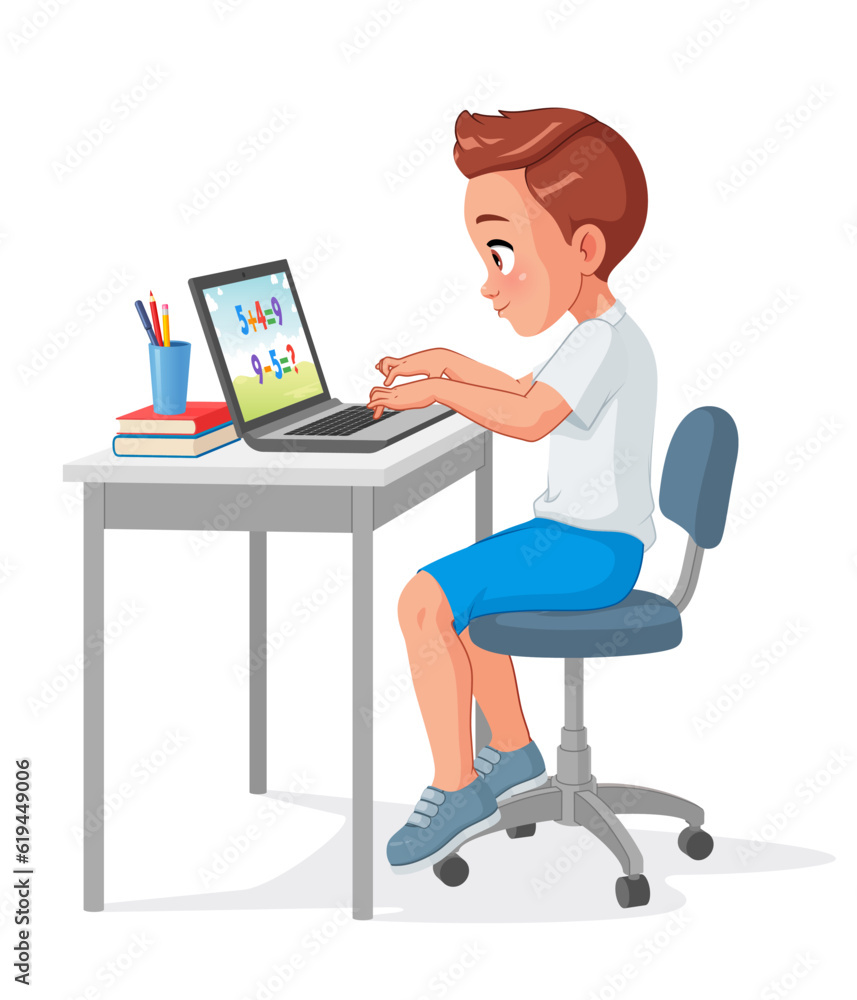 Cute little school kid studying with laptop. Cartoon vector ...