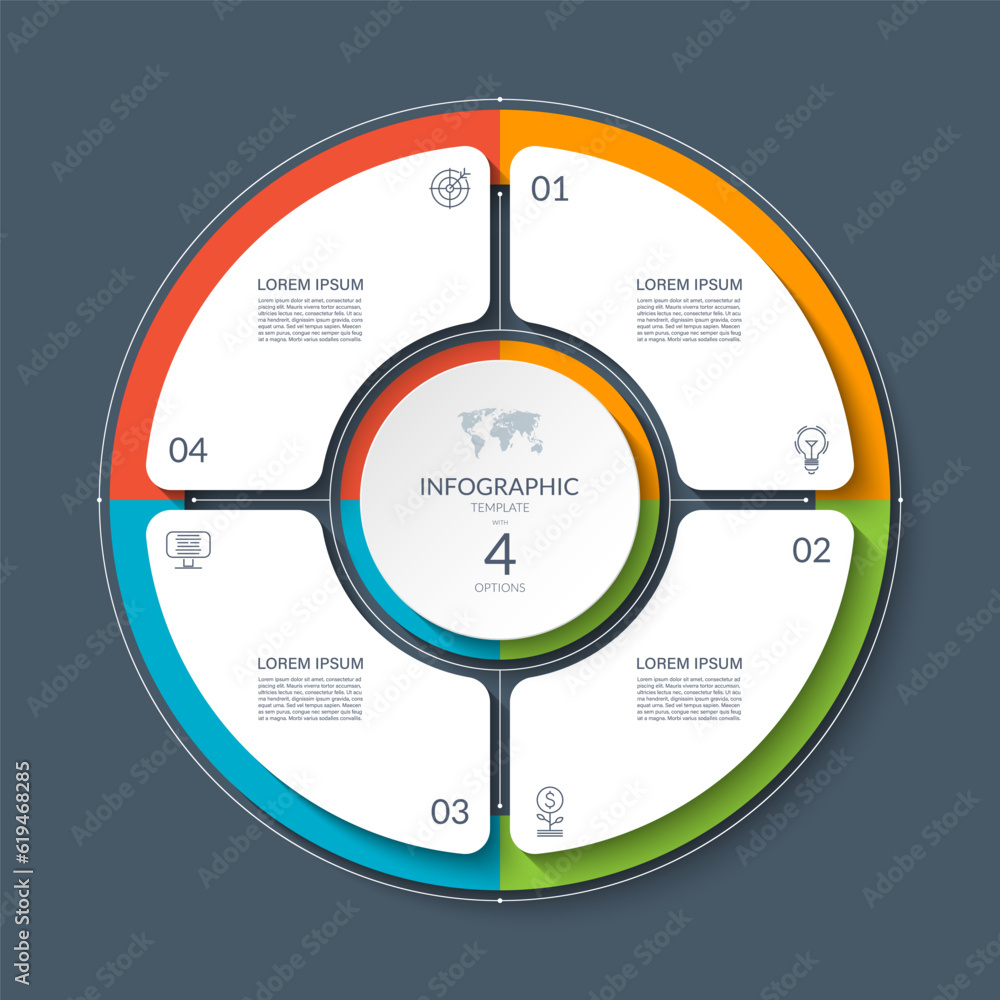 Infographic circle with 4 options, parts. 4-step cycle diagram for business infographics ...