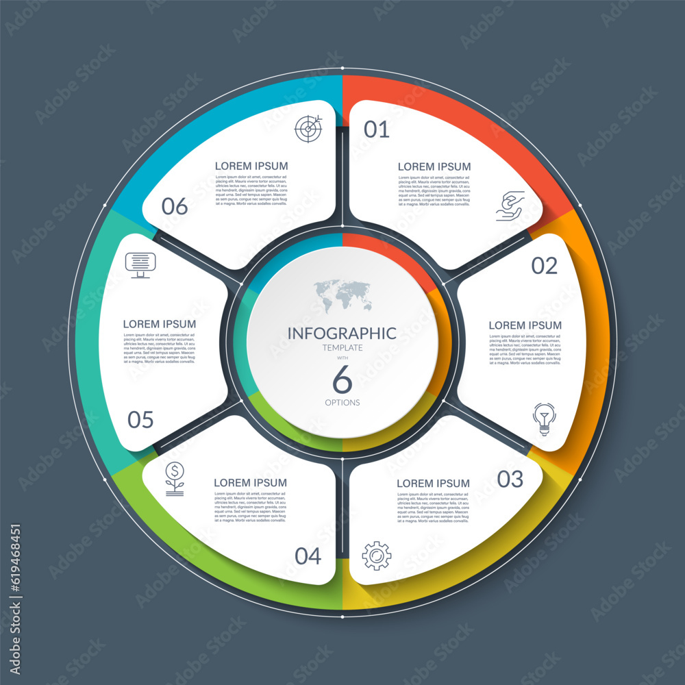 Infographic circle with 6 options, parts. 6-step cycle diagram for ...