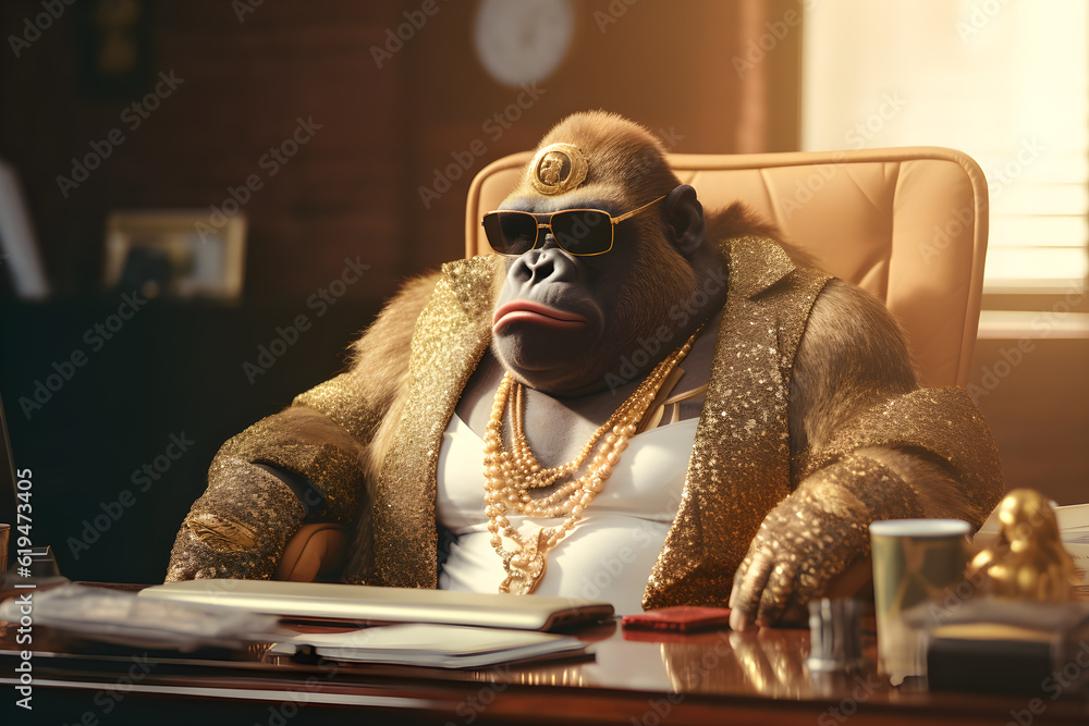a big fat gorilla wearing human clothes, heavy golden chains and coins ...