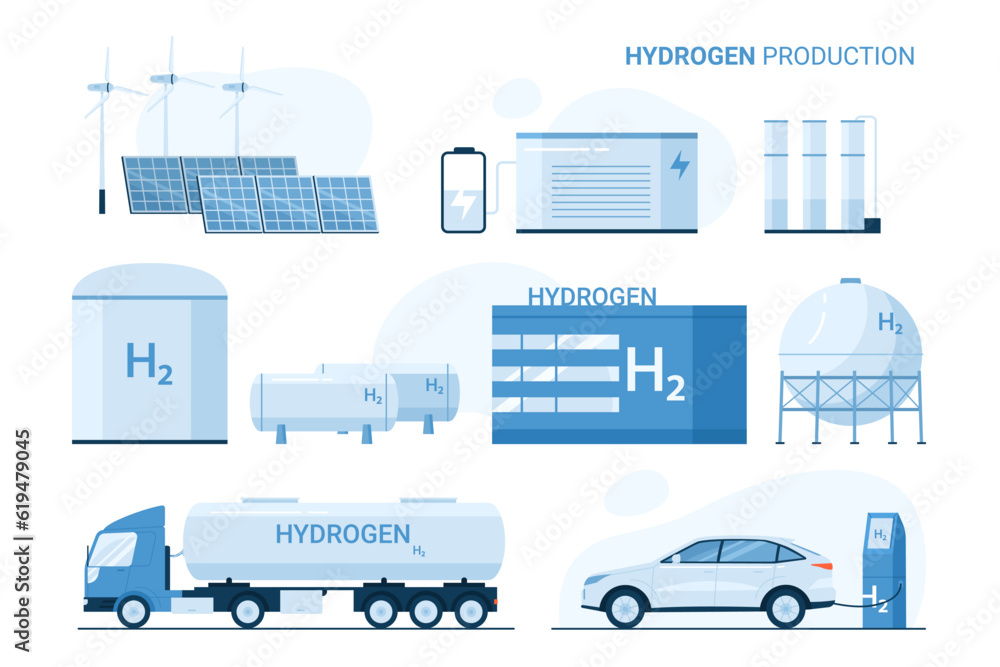 Hydrogen production set vector illustration. Cartoon isolated ...