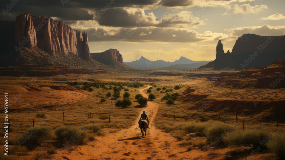 Western landscape with silhouette of a lonely cowboy riding a horse in ...