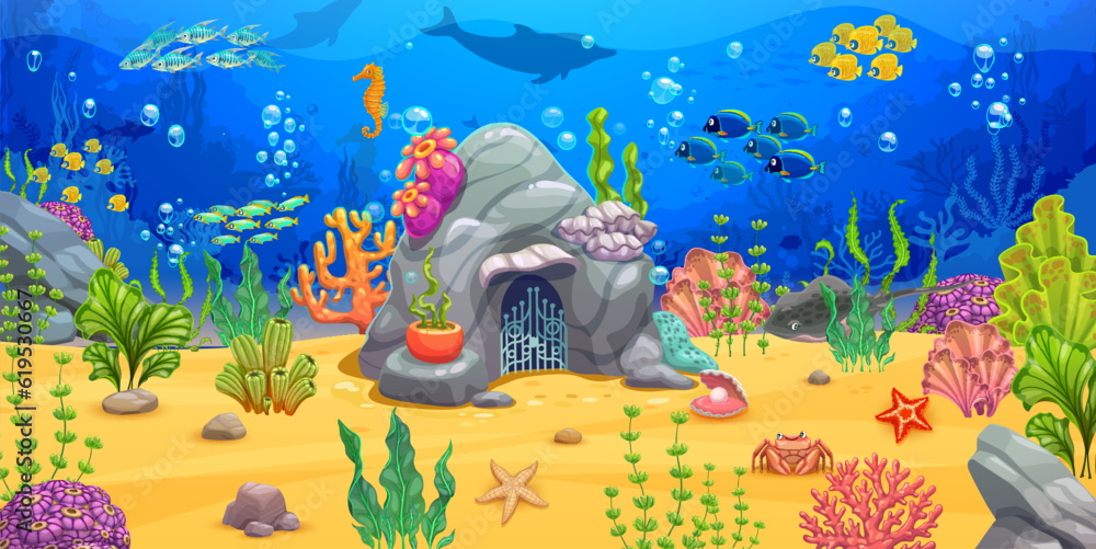 Rock house and underwater landscape game level map. Cartoon animals ...