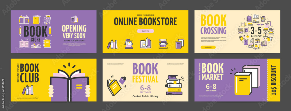 Bookstore, Club, Festival and Market Horizontal Placard Poster Banner ...