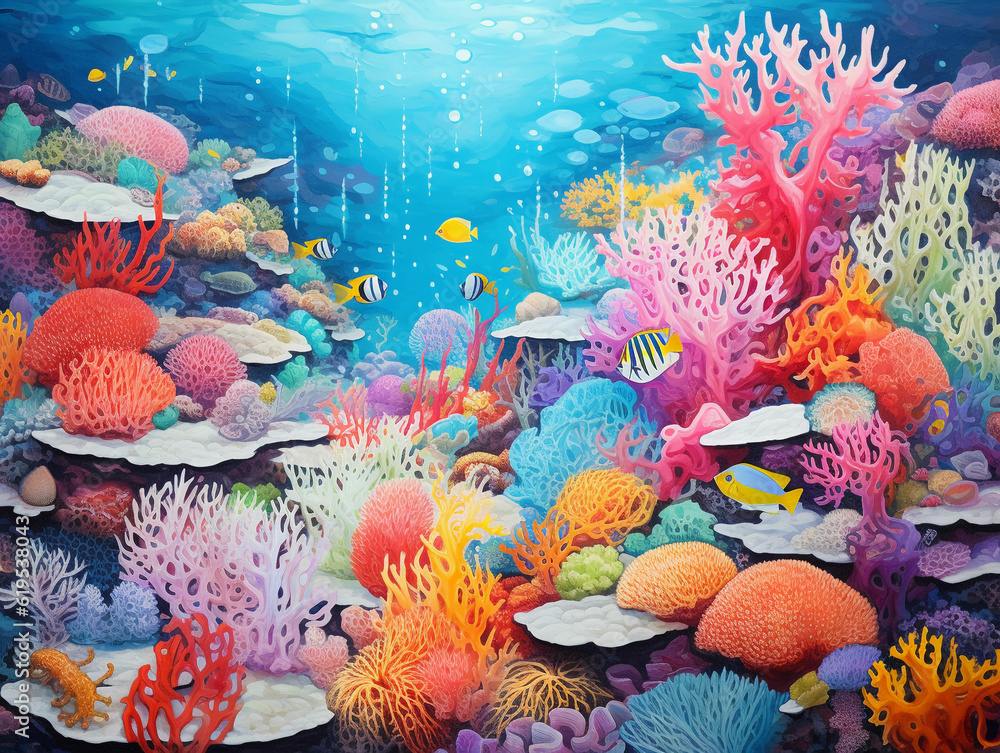 Abstract representation of the life cycle of a coral reef, with a riot ...