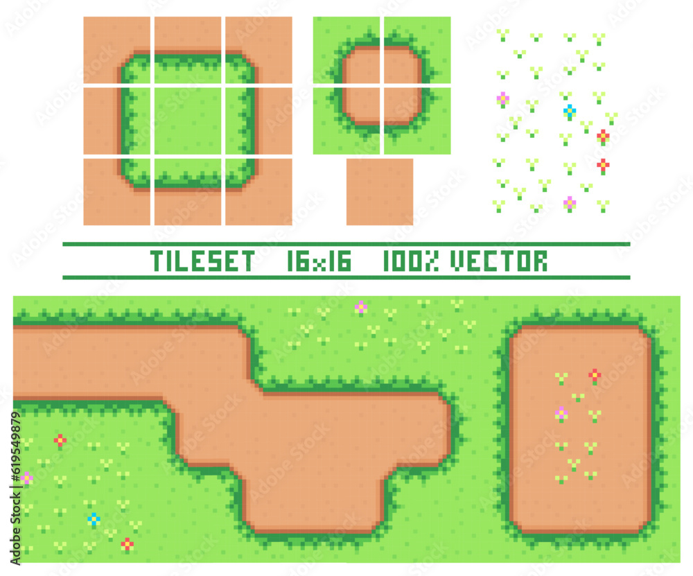 Pixel art tile set for 2d top-down retro game. A set of ground tiles ...