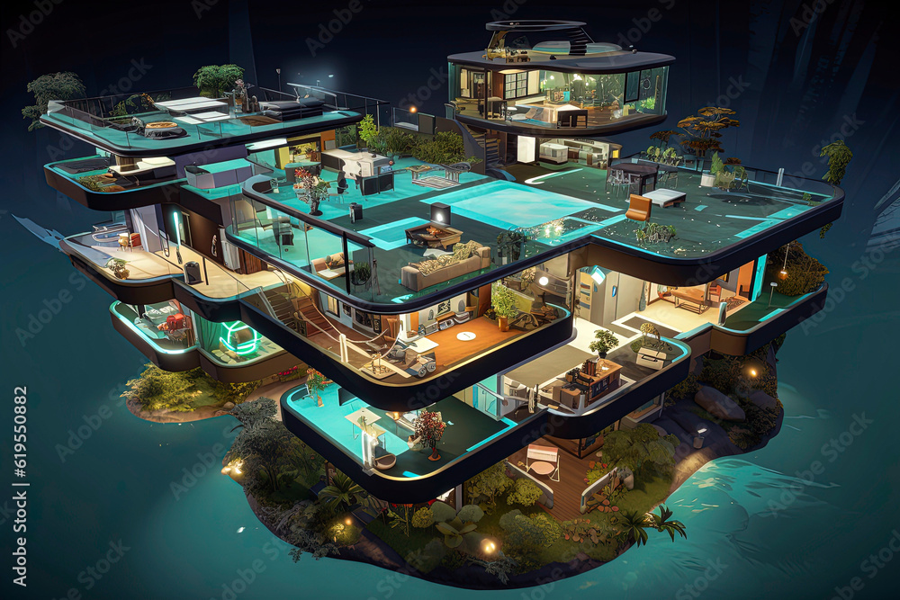 Generative AI illustration of 3D isometric luxury futuristic house in ...