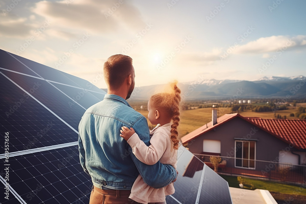 Stock-Illustration „Dad and daughter are standing near the house with ...