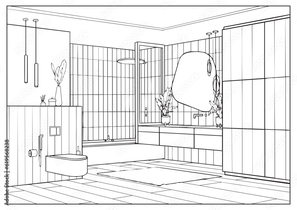Sketch bathroom interior design. Vector outline drawing modern washroom ...