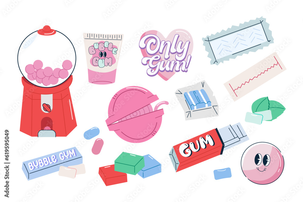 set cartoon illustrations of chewing gum. Cartoon chewing candies. Mint ...