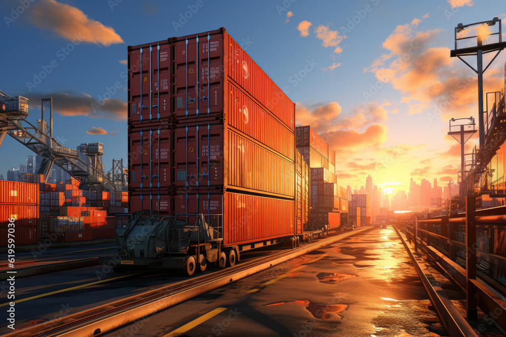 Industrial container yard featuring a cargo rail train with freight ...