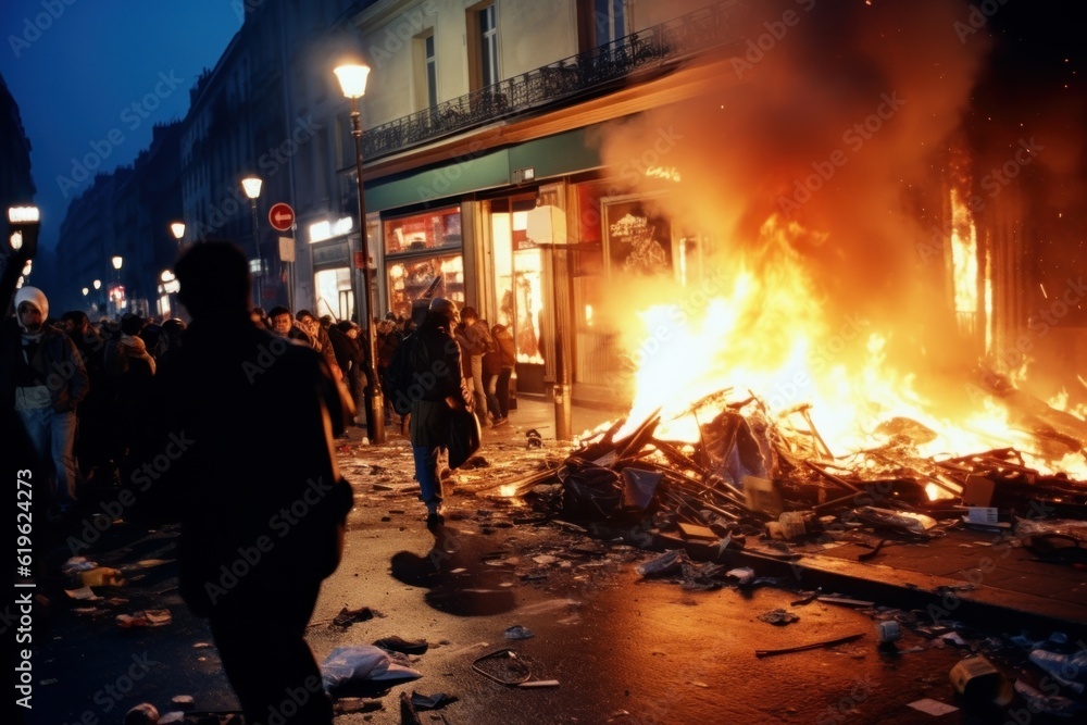 a documentary photo of revolutionary riots and protests. burning ...